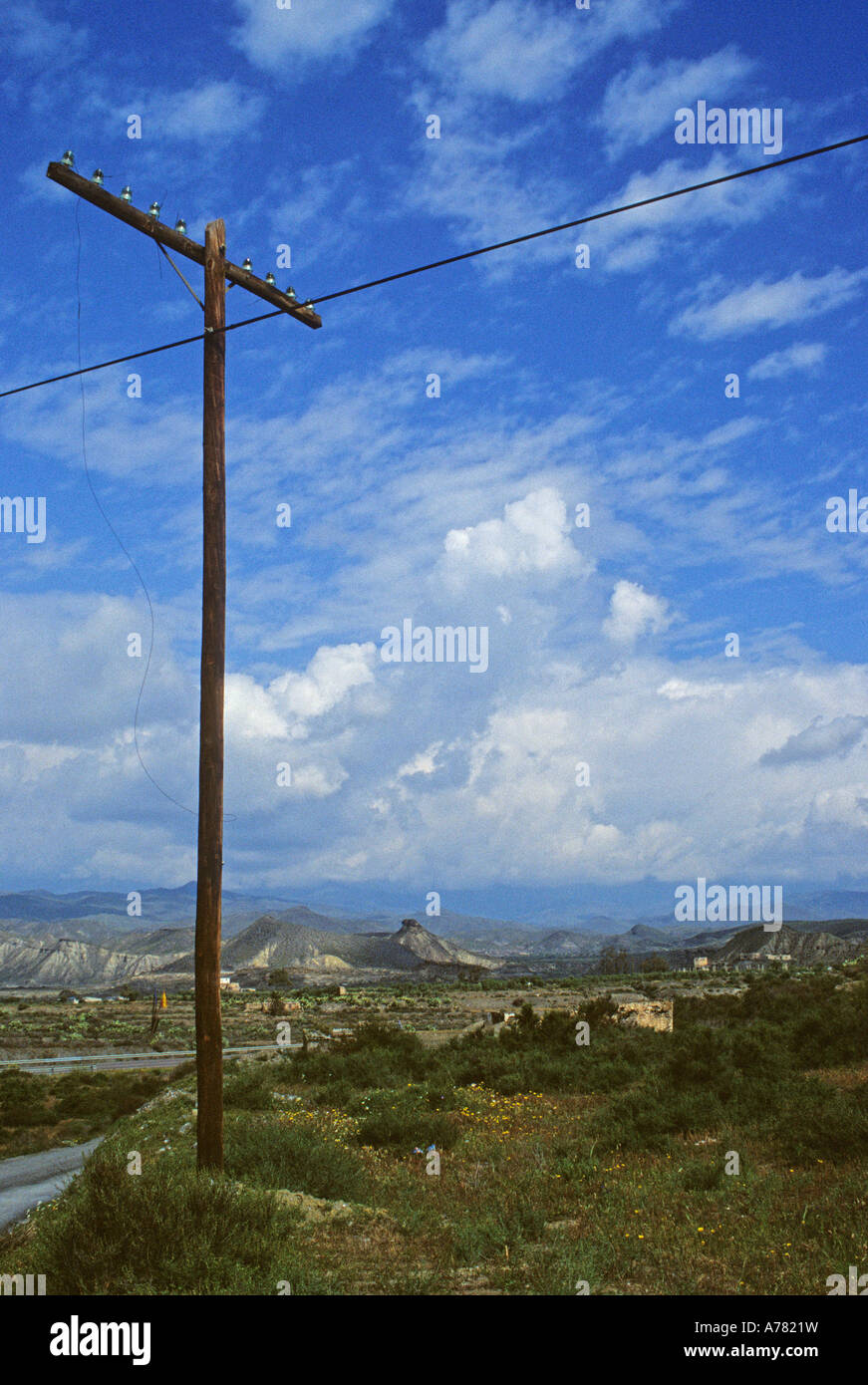 telegraph post in the Tabernas desert Andalusia Spain Stock Photo - Alamy