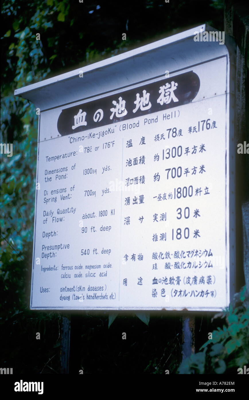 Japan Kyushu island Beppu spa resort sign post blood pond hell Stock ...