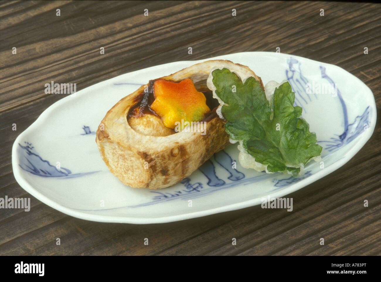 Shojin ryori vegetable cuisine potato fu shaped with marple leaves and ...