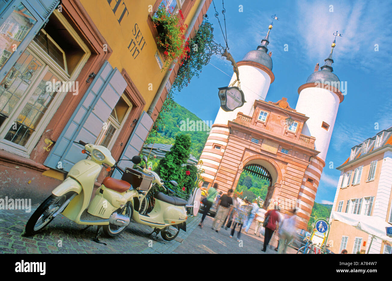 Historic centre and towers of Old Bridge, Heidelberg, Baden-Württemberg ...