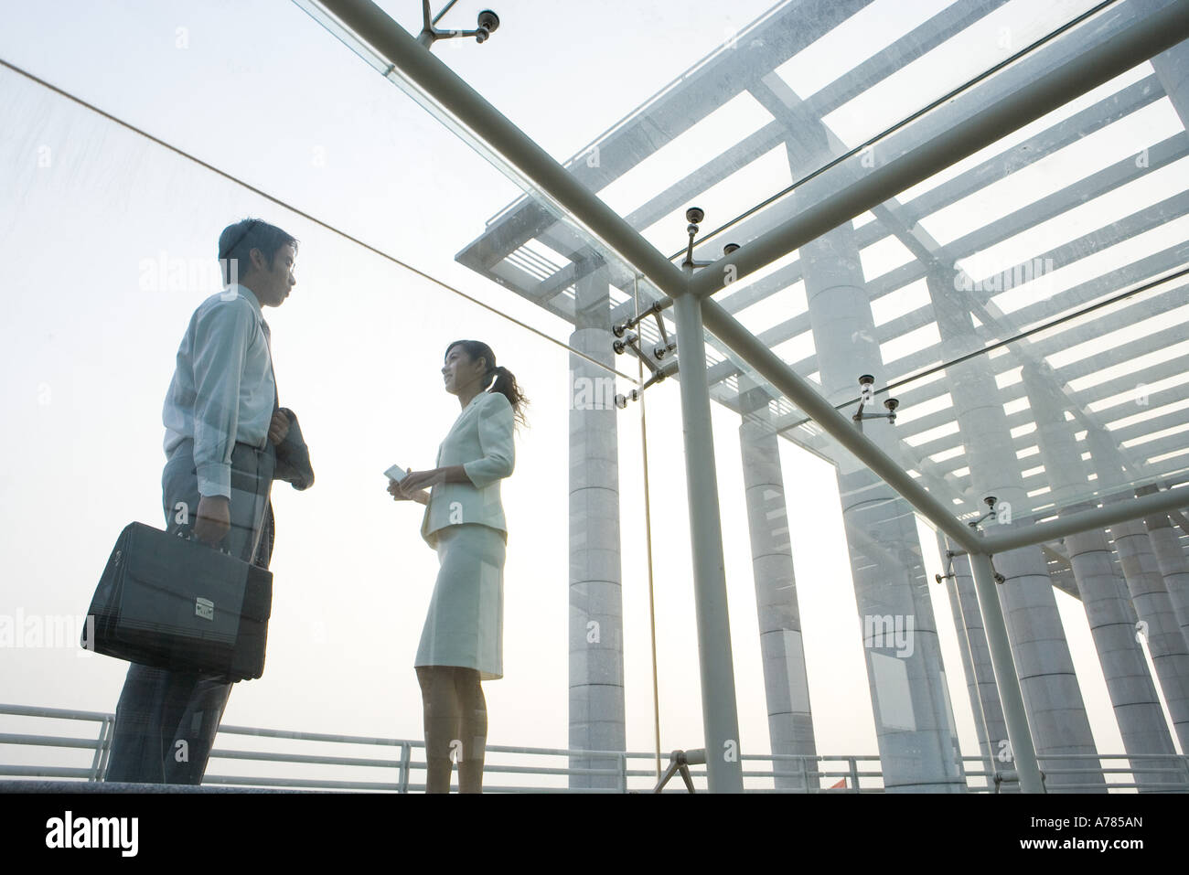 Two business executives standing back to back with his arms crossed ...