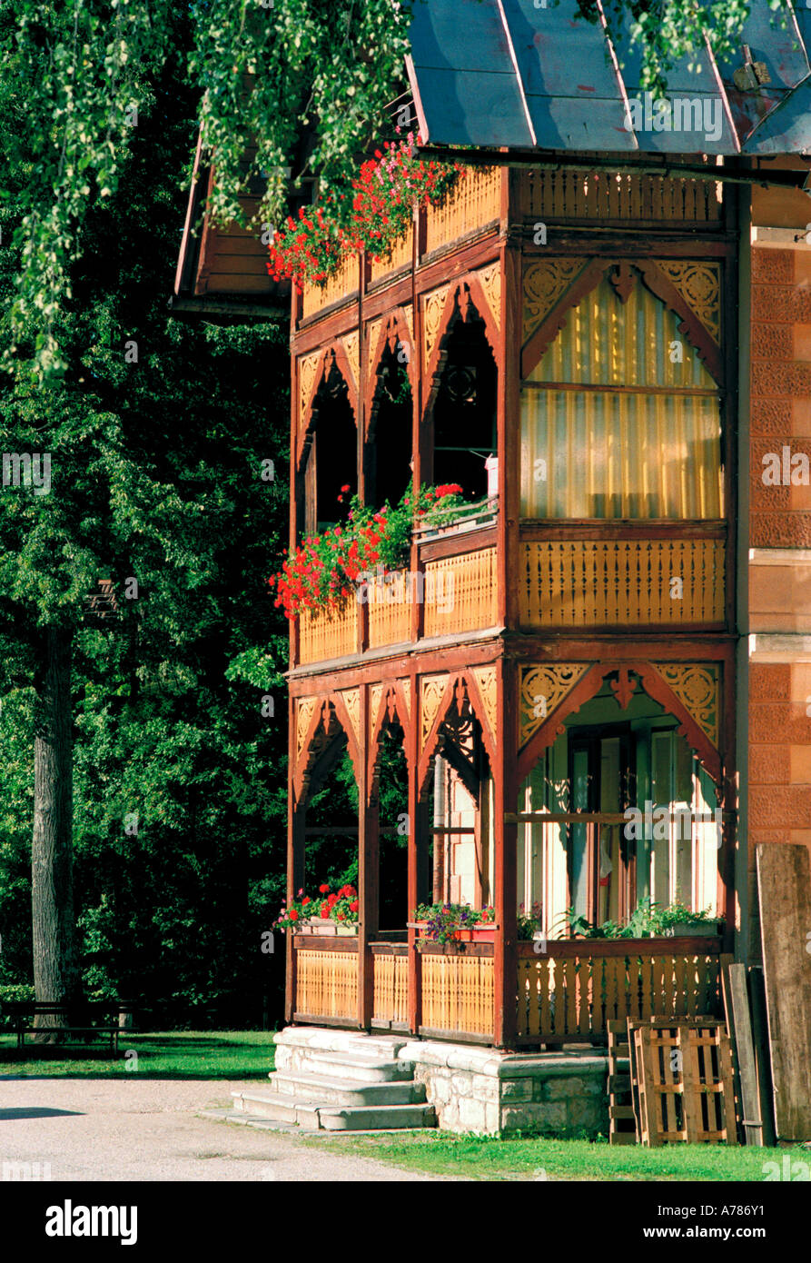 Magnificent wooden balconies of a villa at the lakeside resort of Bled ...