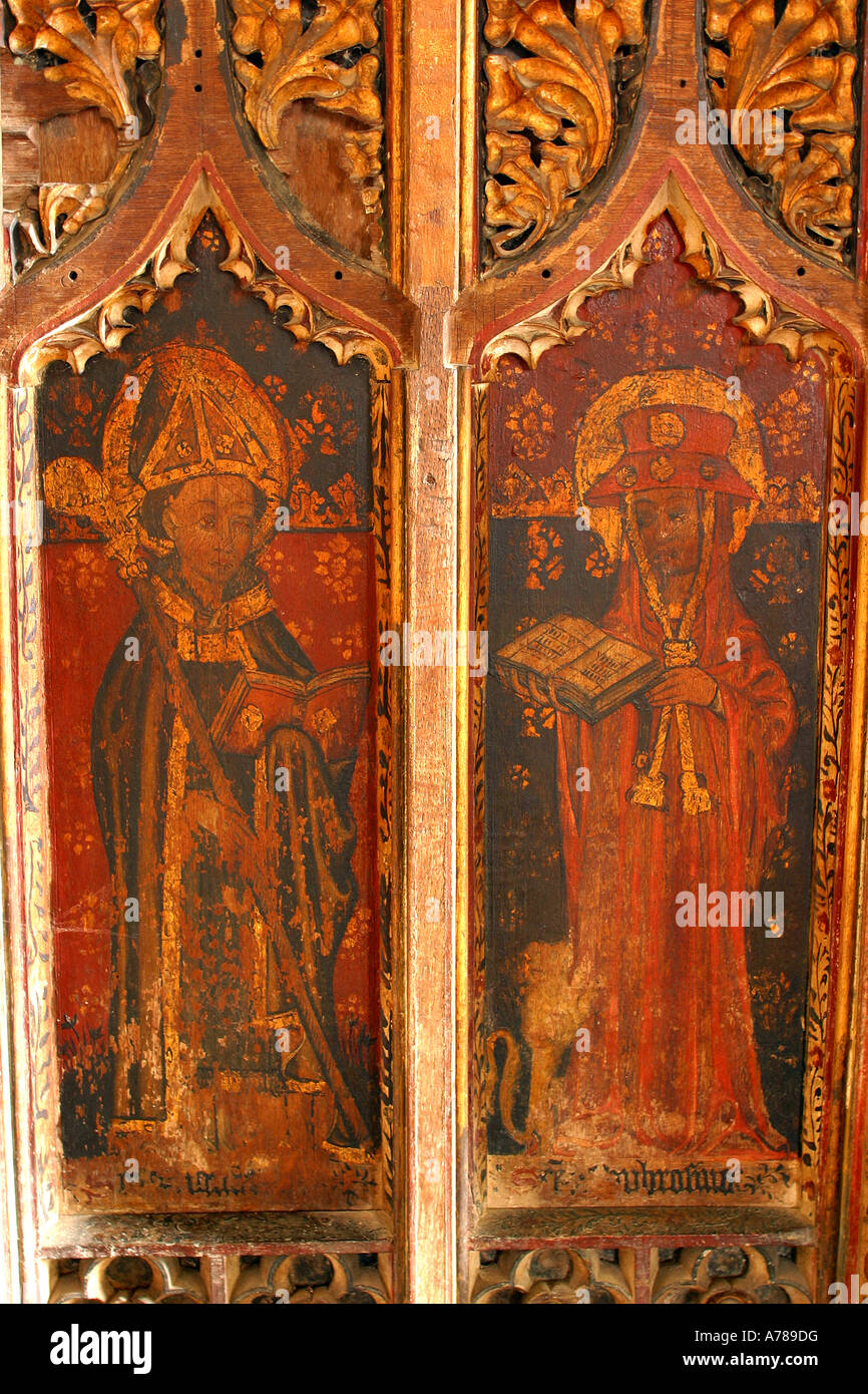 UK Norfolk Broads Tunstead St Marys Church saints on screen Stock Photo ...