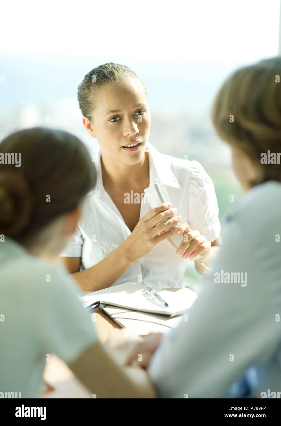 Young couple sitting across table from young female professional ...