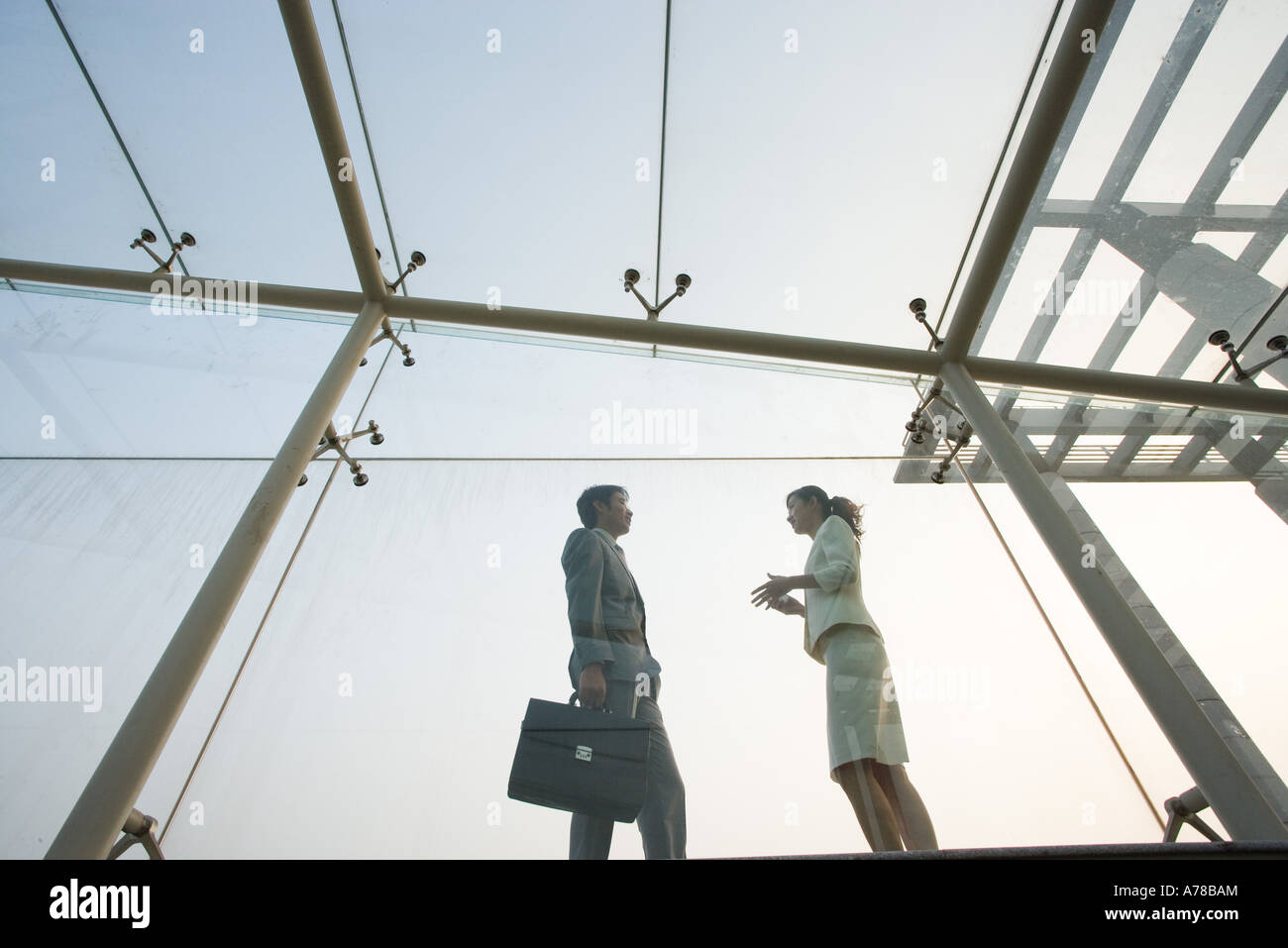 Two business executives standing in glass walkway, talking, low angle ...