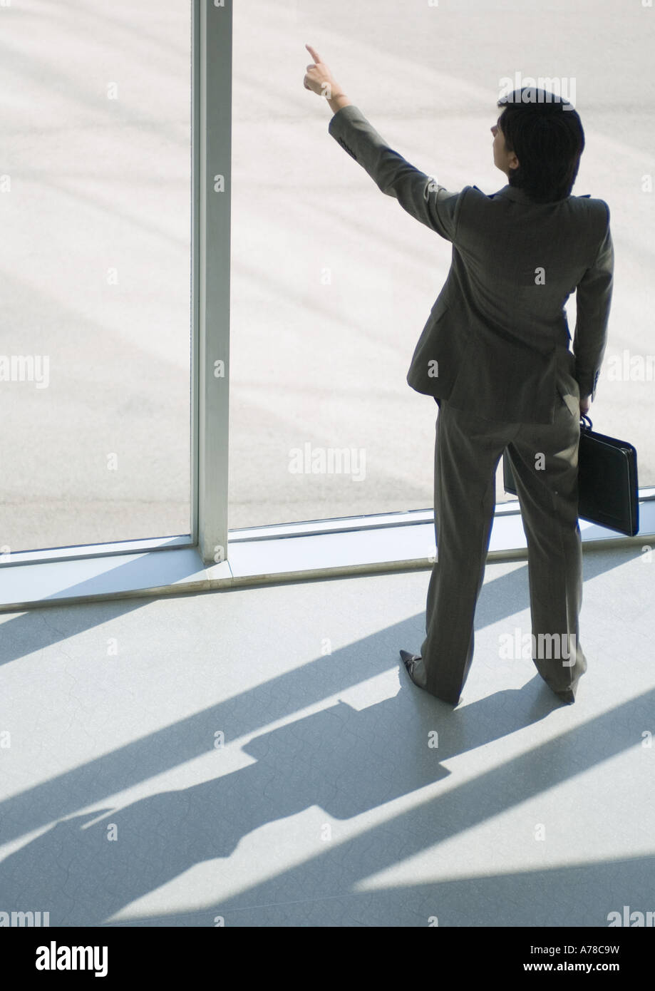 Businesswoman standing by window, pointing to distance, high angle view ...