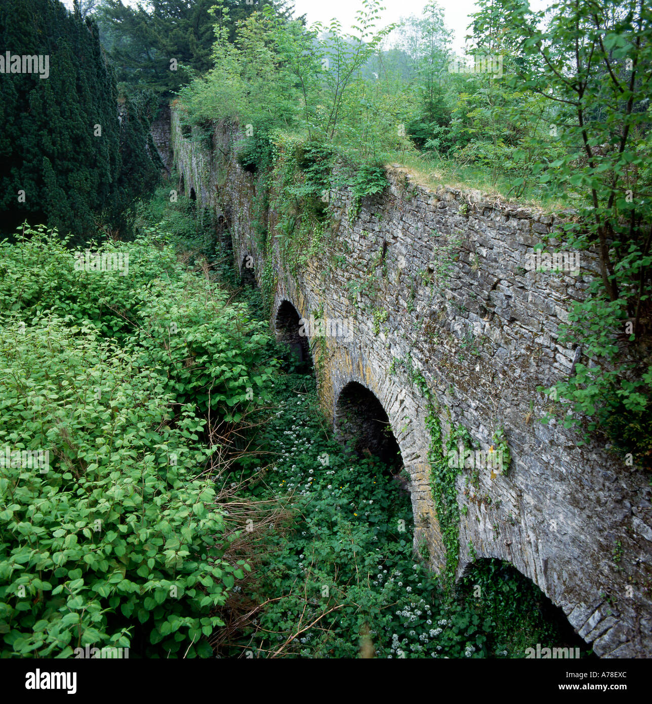 The inner Parapet stone wall and arches at historic Aberglasney Gardens ...