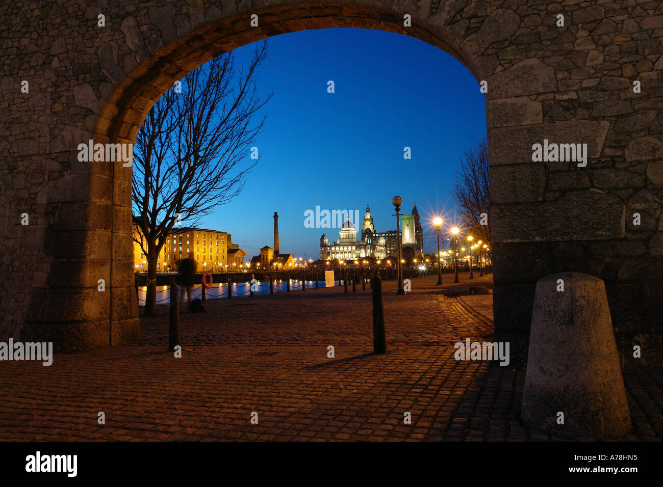 Liver Buildings Through Arch at night Liverpool Stock Photo - Alamy