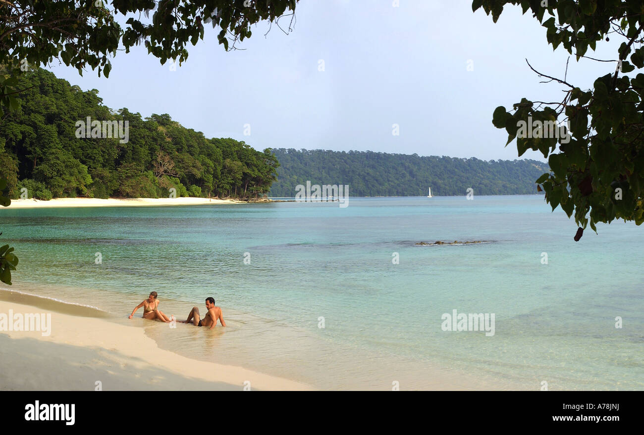 India Andaman Islands Havelock couple on Radha Nagar beach panoramic ...