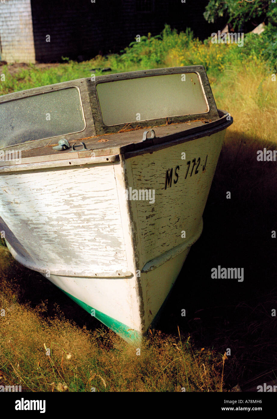 An old motor launch drawn up and rotting away, Cape Cod, Massachusetts ...