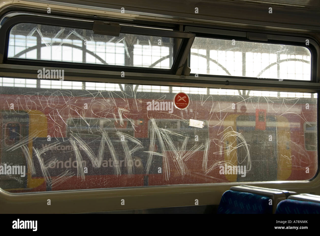 Welcome sign at London Waterloo train station just visible through ...