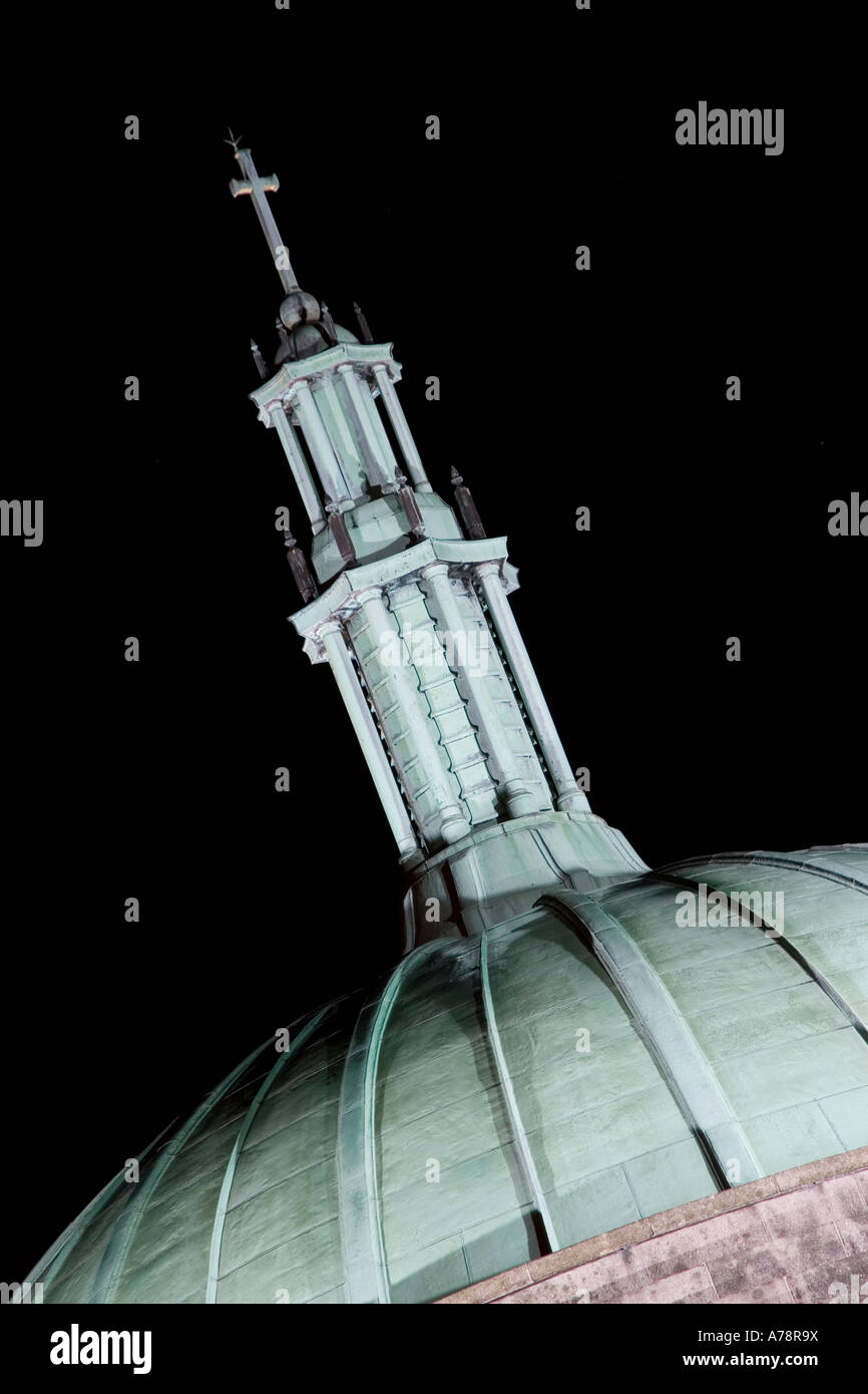 Church Spire at night with copper design which has turned light green ...