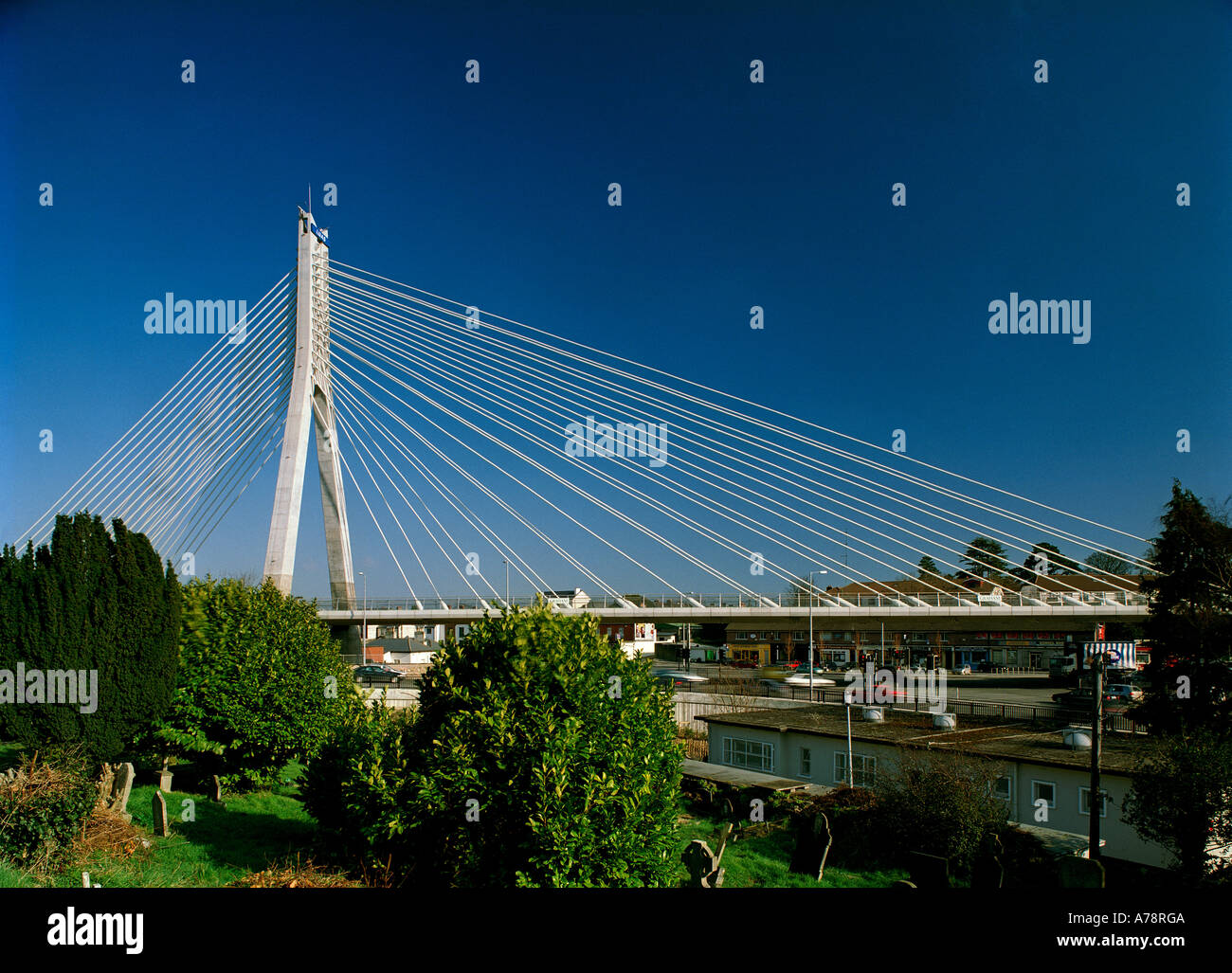The cable-stayed Taney Bridge at Dundrum, Dublin, to carry the Luas ...