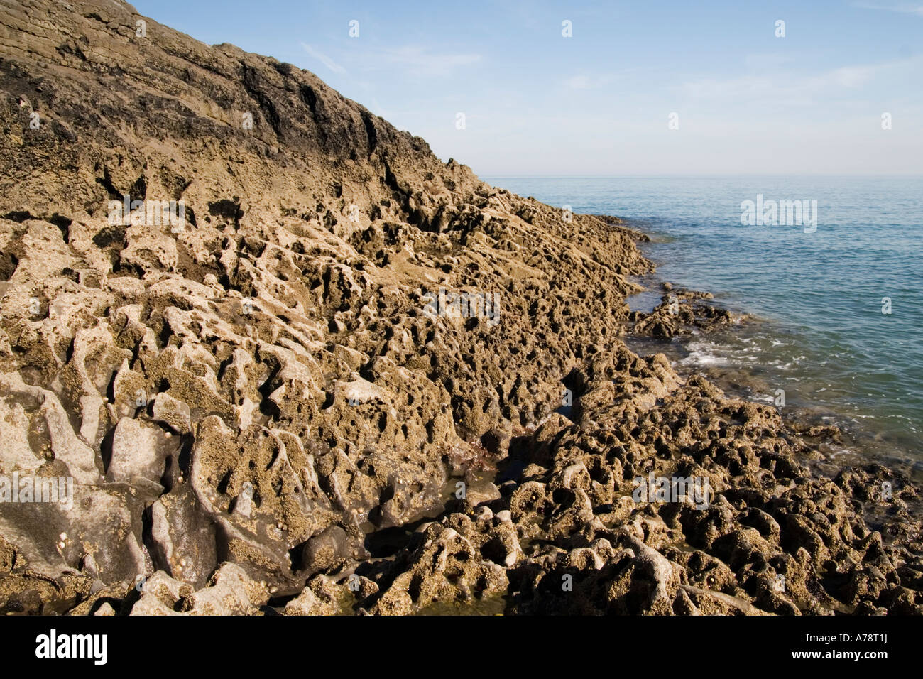 Strange erosion patterns in the rock formations along the shore Stock ...