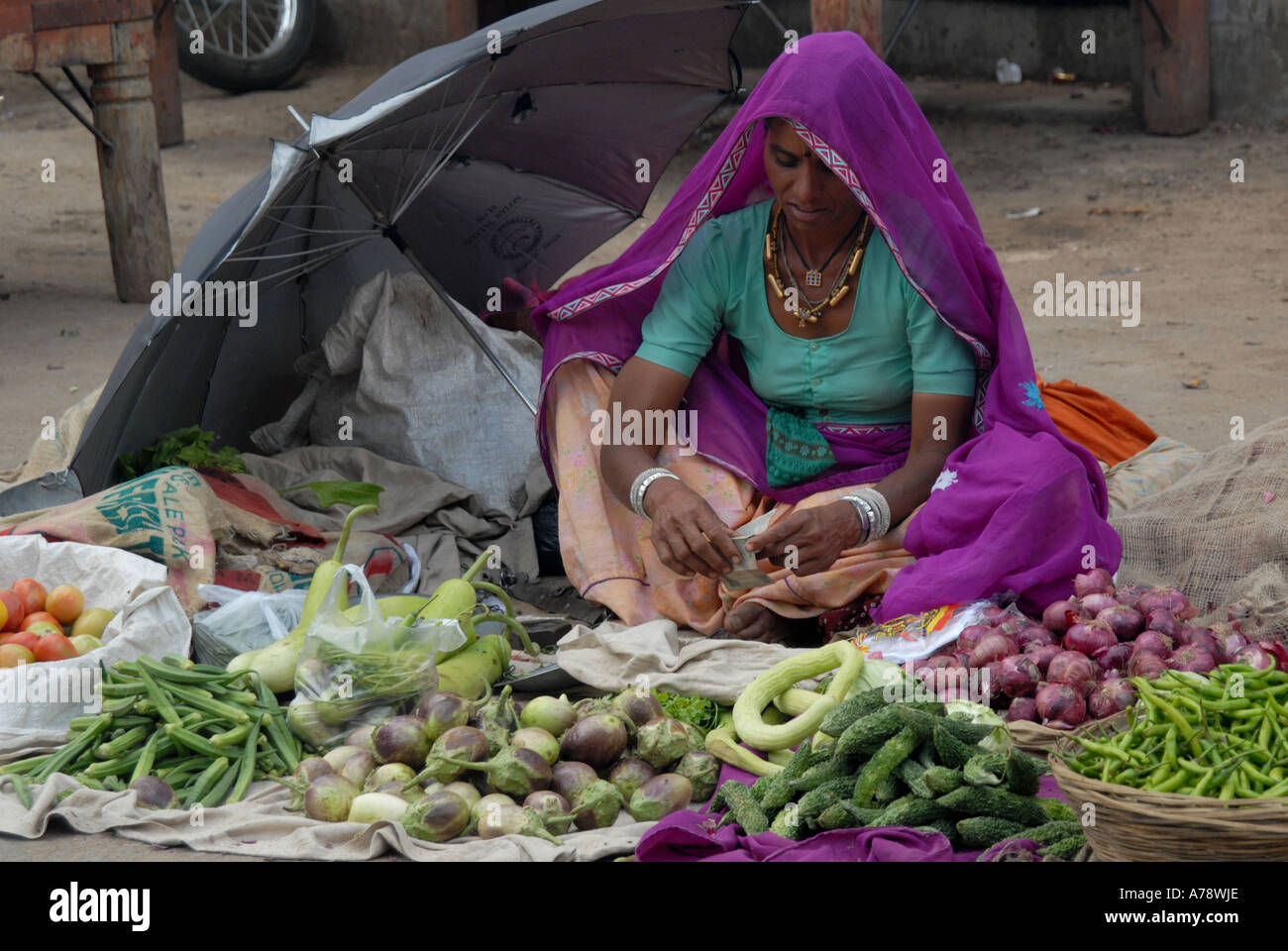 Woman at the vegetable and fruit market in the holy city of Pushkar ...