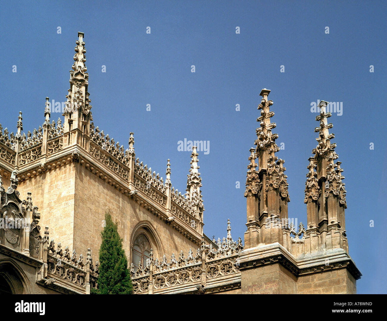 The decorative parapet and mini spires of the cathedral in Granada ...
