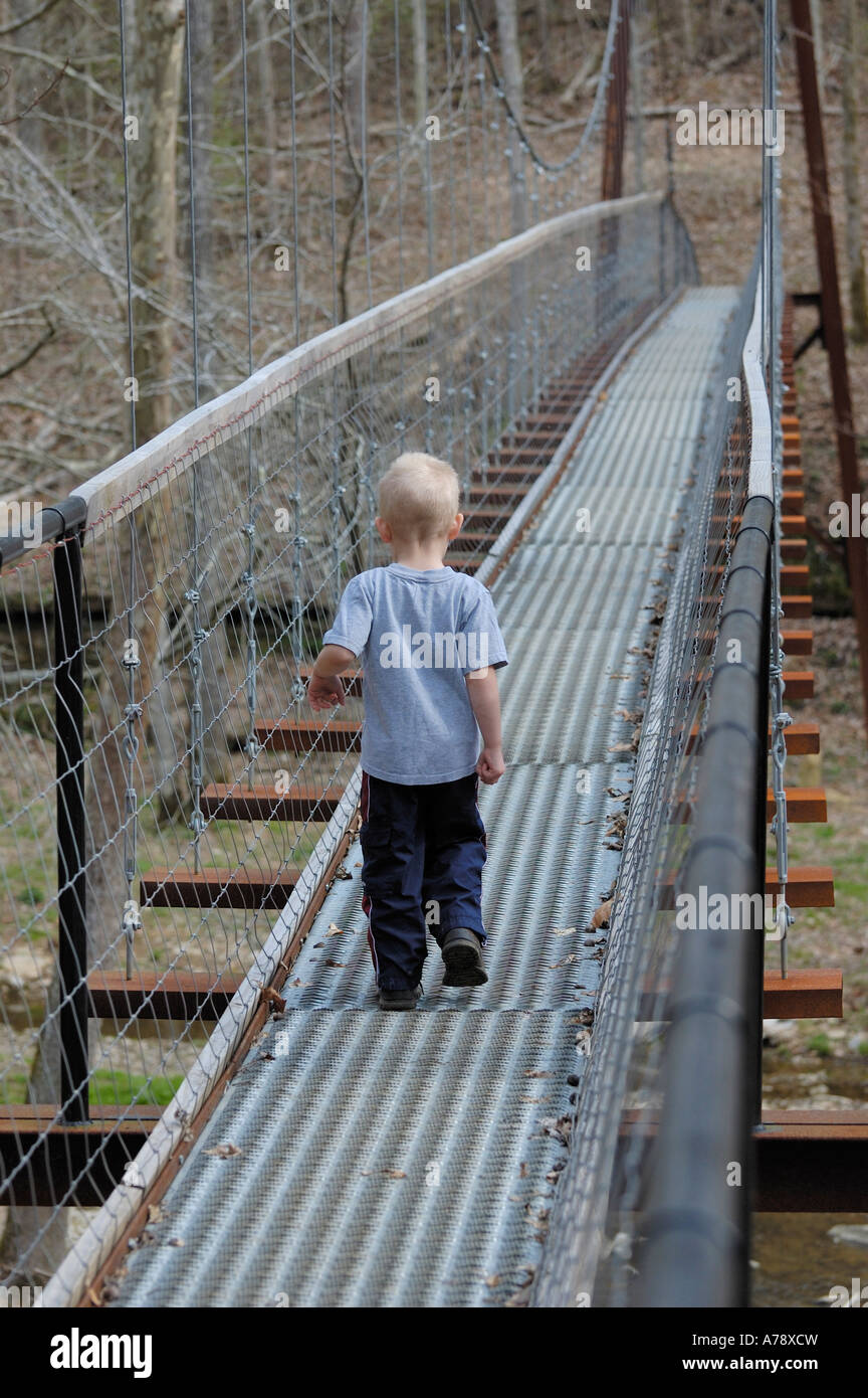 Lone three year old boy crossing over bridge on nature trail Stock ...