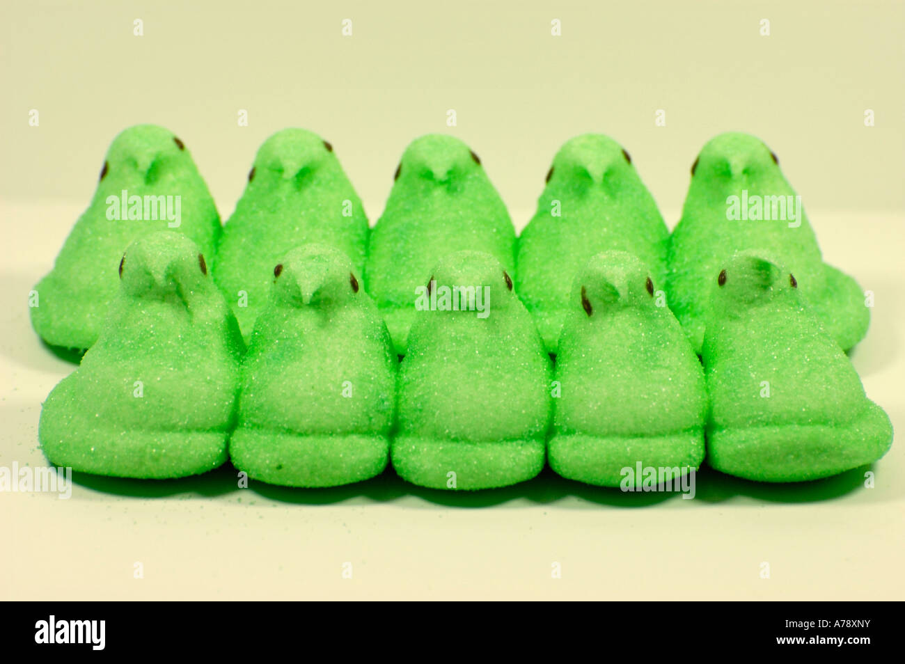 Green colored sugar coated marshmallow baby chicks that are popular ...