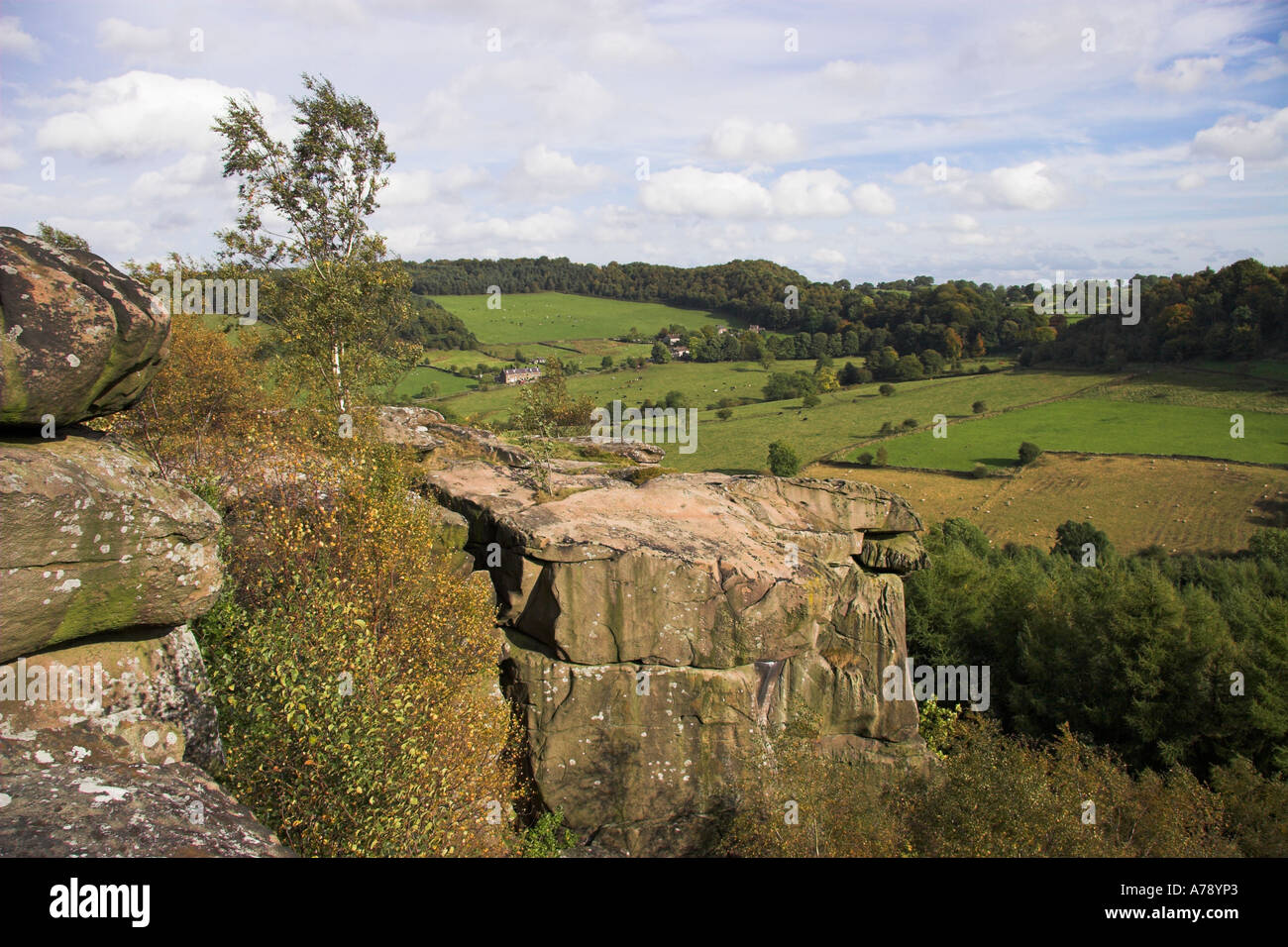 View towards Birchover from Cratcliff Tor, Harthill Moor, Peak District ...