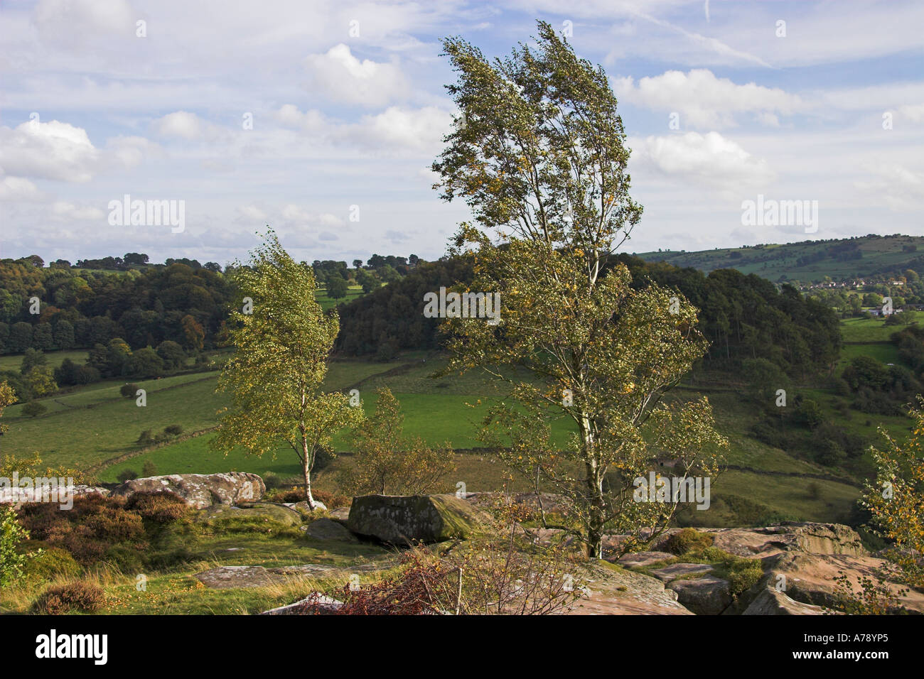 View towards Birchover from Cratcliff Tor, Harthill Moor, Peak District ...