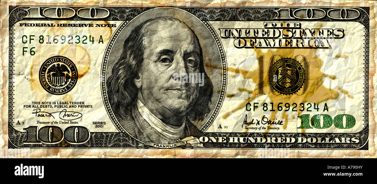 Closeup view of dirty stained US 100 dollar bill Stock Photo - Alamy