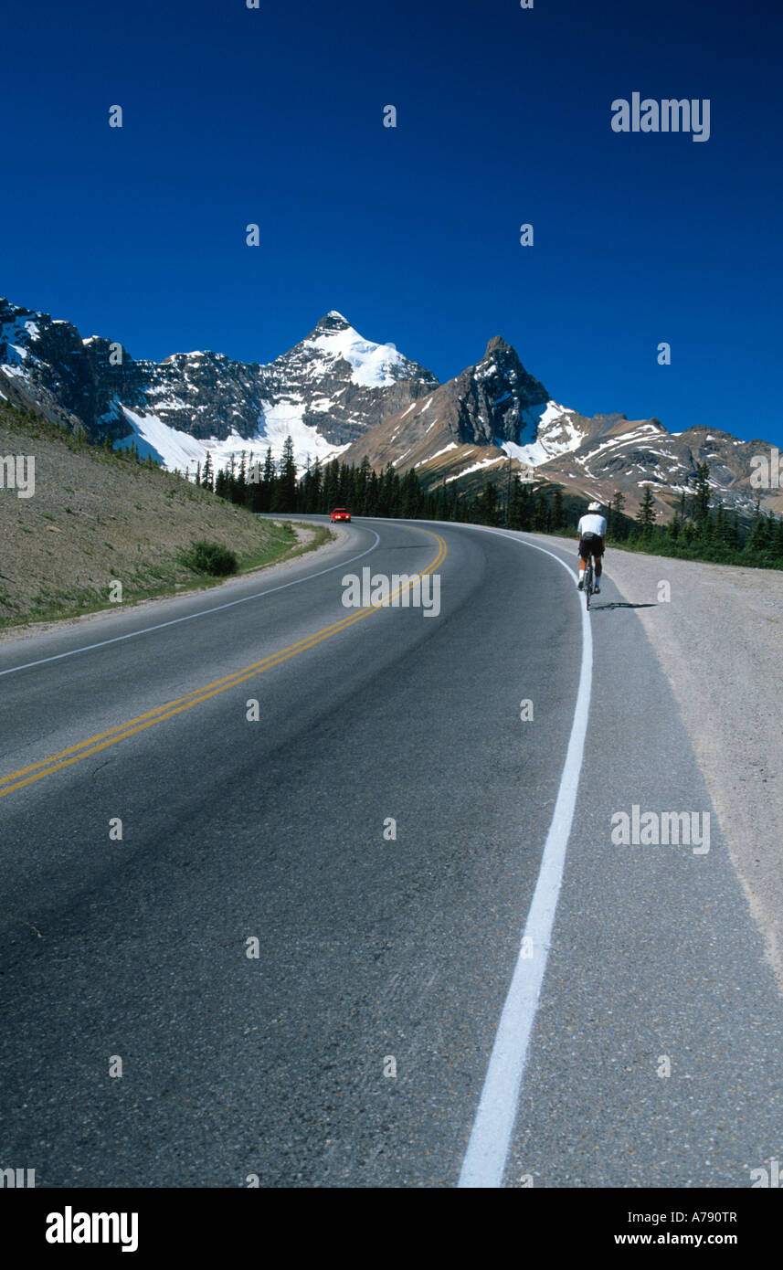 Bicyclist riding Sunwapta Pass Icefields Parkway Banff National Park ...
