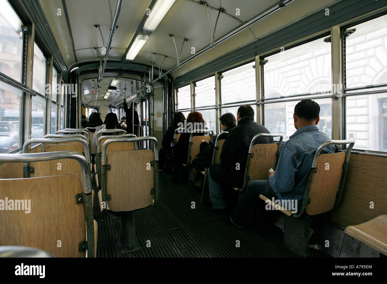 Inside a tram in Rome Italy Europe Stock Photo - Alamy