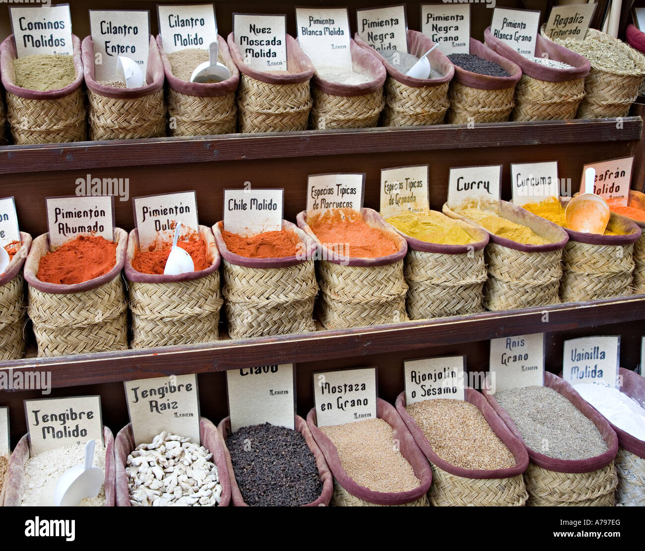 Spices on sale with Spanish labels Granada Spain Stock Photo - Alamy