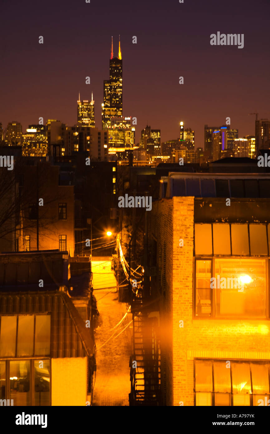 CHICAGO Illinois Alley to North Avenue Sears Tower and skyline at night ...