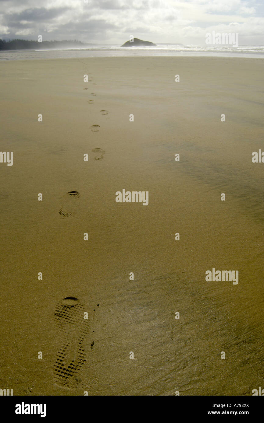 Footsteps in the sandy beach of Long Beach Pacific Rim National Park ...
