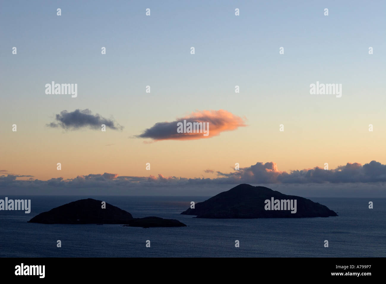 Great and Little Skellig islands Skeilg Mhichil and Bheag in evening ...