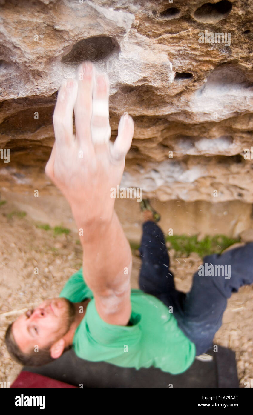 A man bouldering in the Happy Boulders near Bishop California USA Stock ...