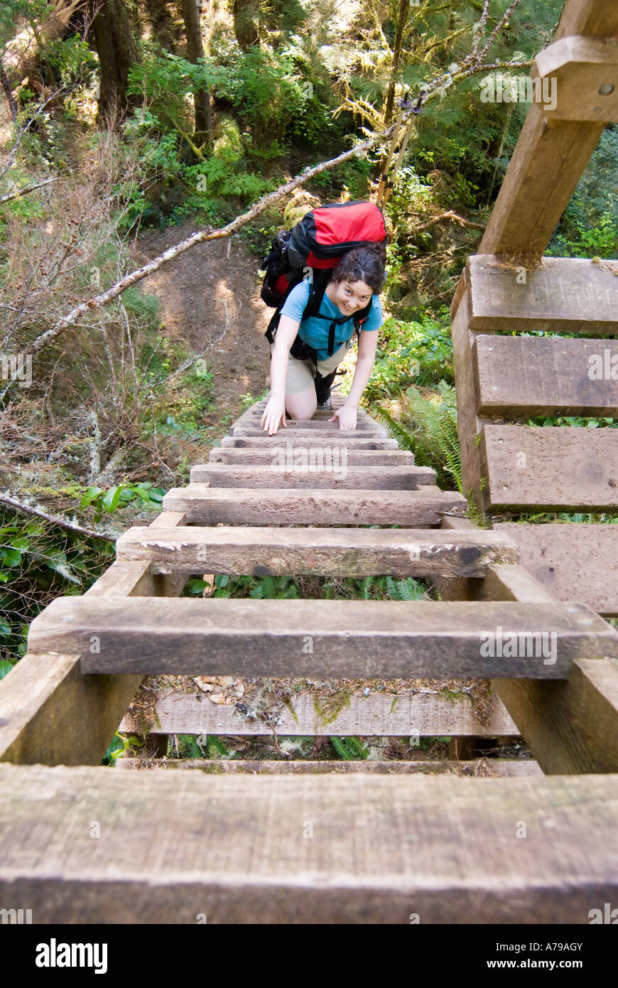 A woman descending the ladders on the West Coast Trail Pacific Rim ...