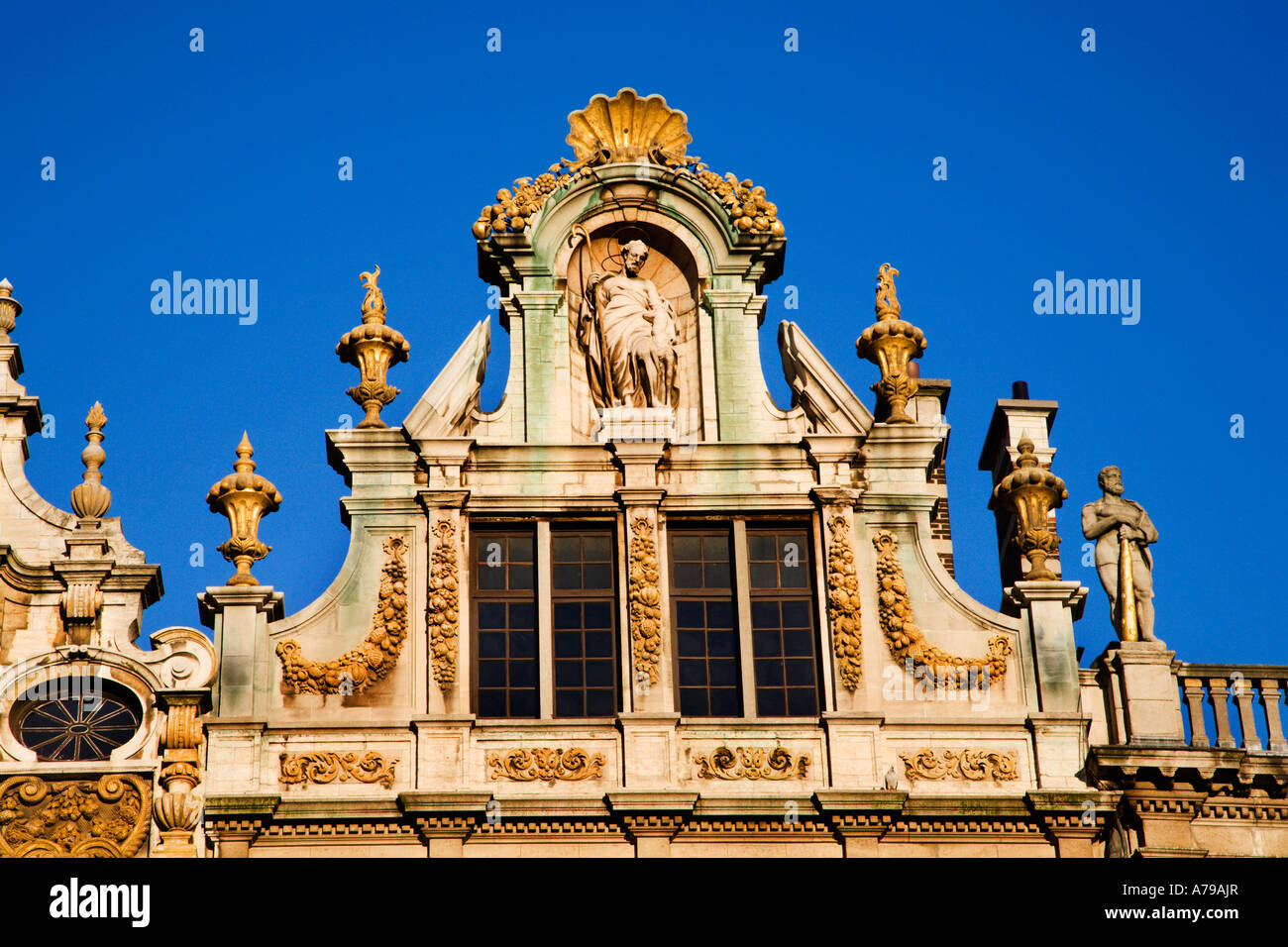 Flemish Gable in The Grand Place illuminated by morning sunshine ...