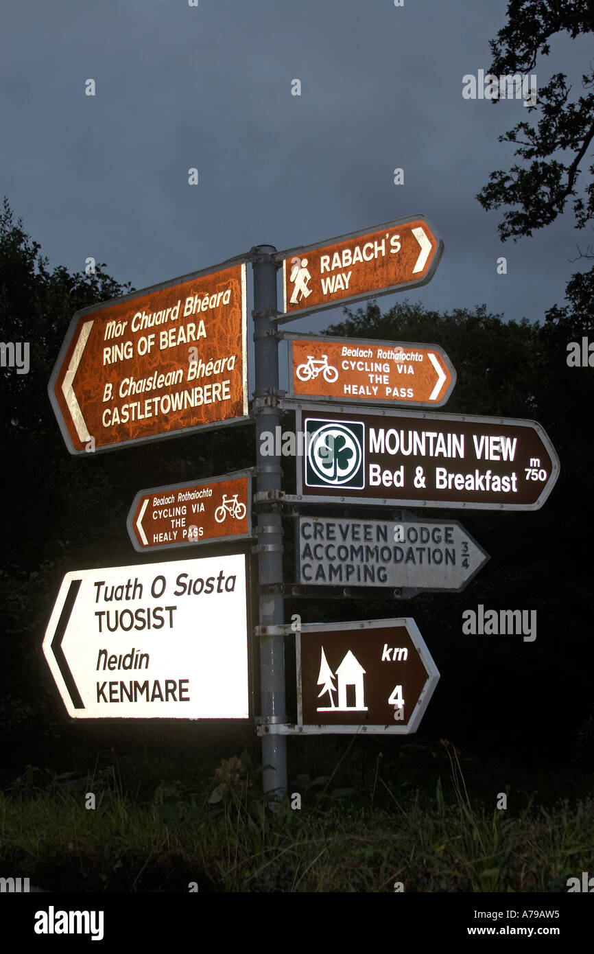 Road tourist and tourist tourism signposts with words reflecting at ...