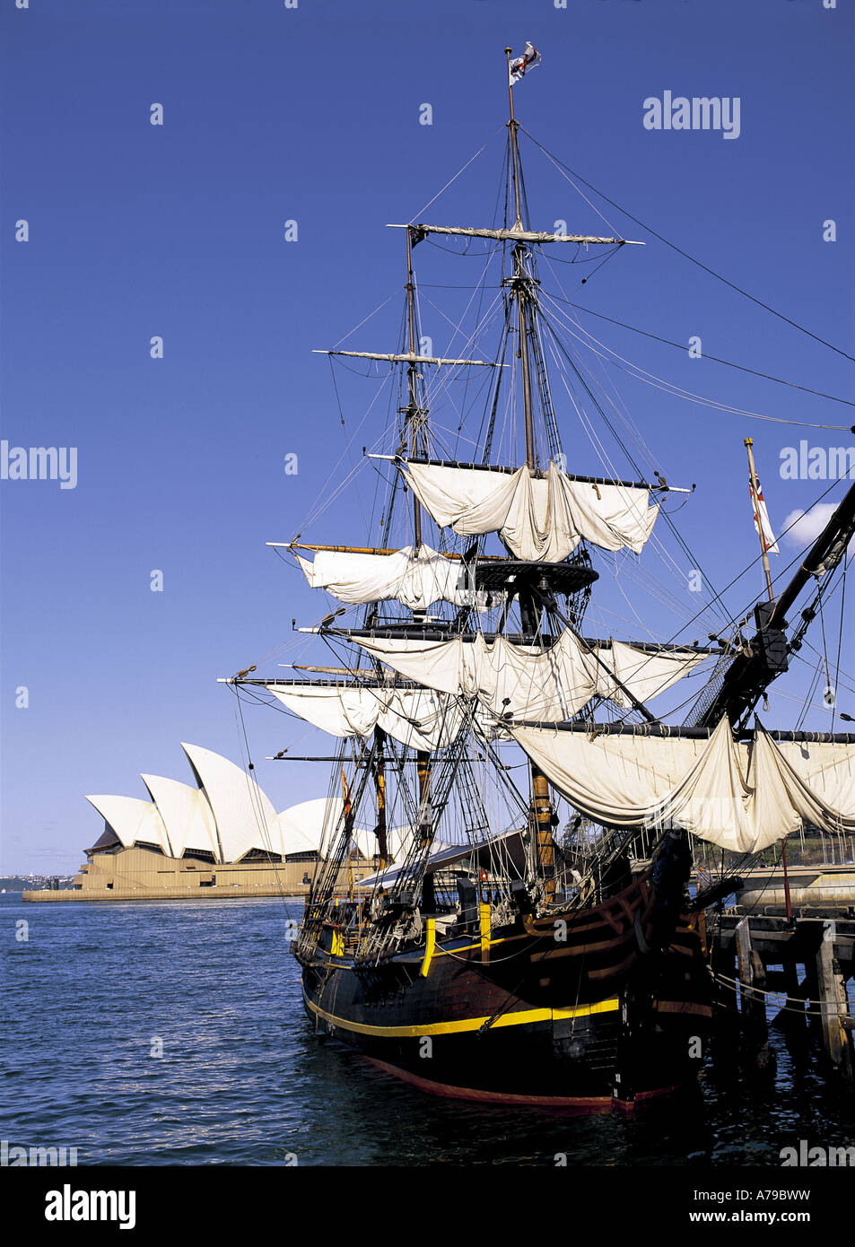 H.M.S Bounty replica and Opera House Sydney Australia Stock Photo - Alamy