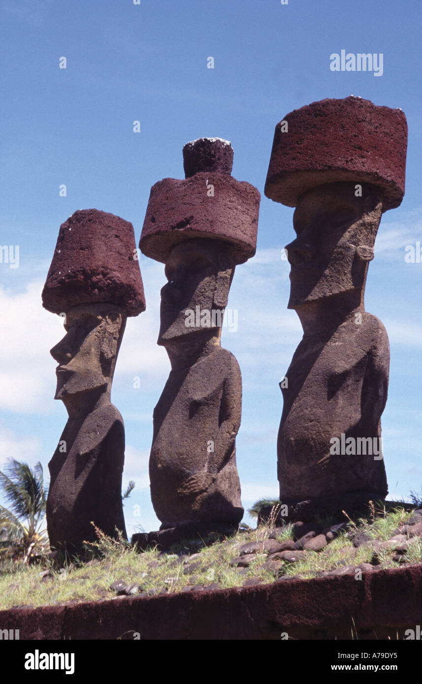 Chile three Easter Island moai with topknots at Ahu Tongariki Stock ...