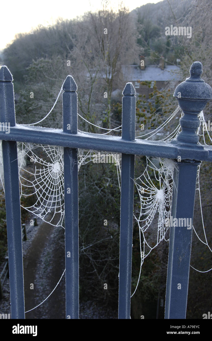 Frost on cobwebs on the Iron Bridge at Ironbridge Shropshire, UK Stock ...