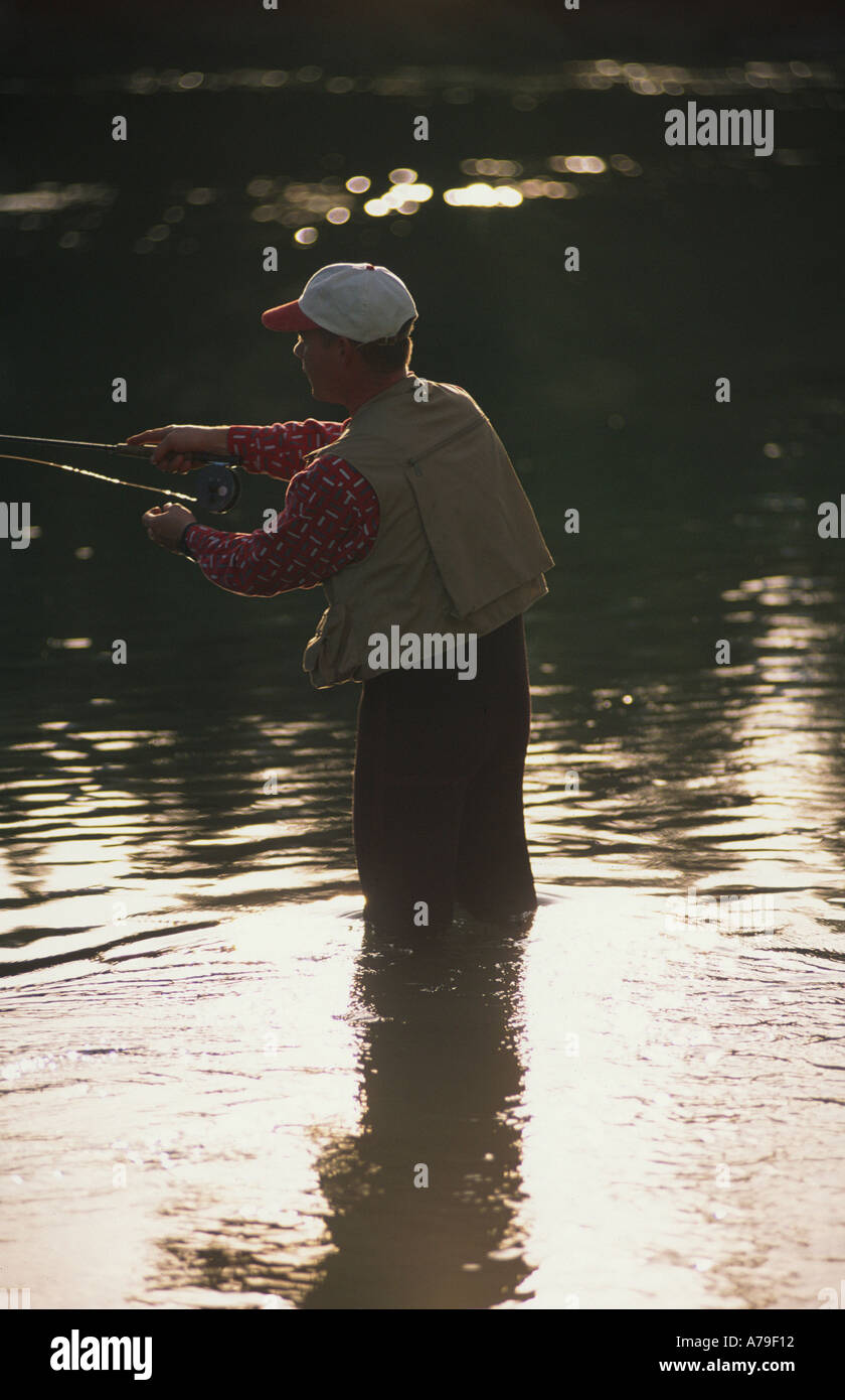Fly fisherman casting in reflective river Stock Photo - Alamy
