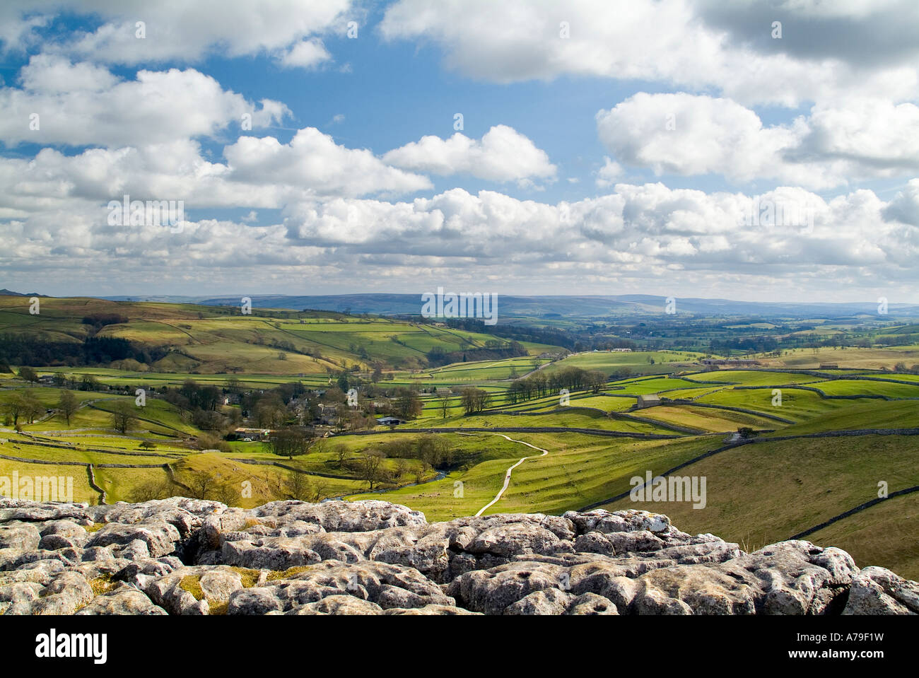 The village of Malham as seen from the top of Malham Cove, North ...