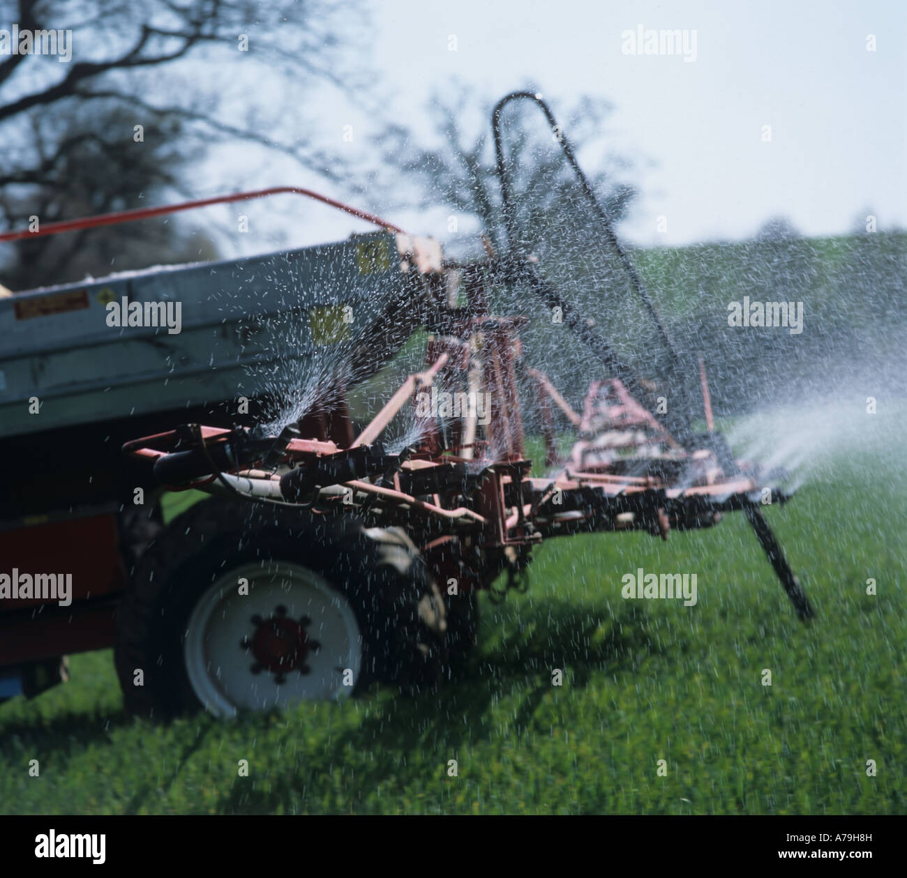 Fertilizer boom dispersing prills onto a young wheat crop Devon Stock ...