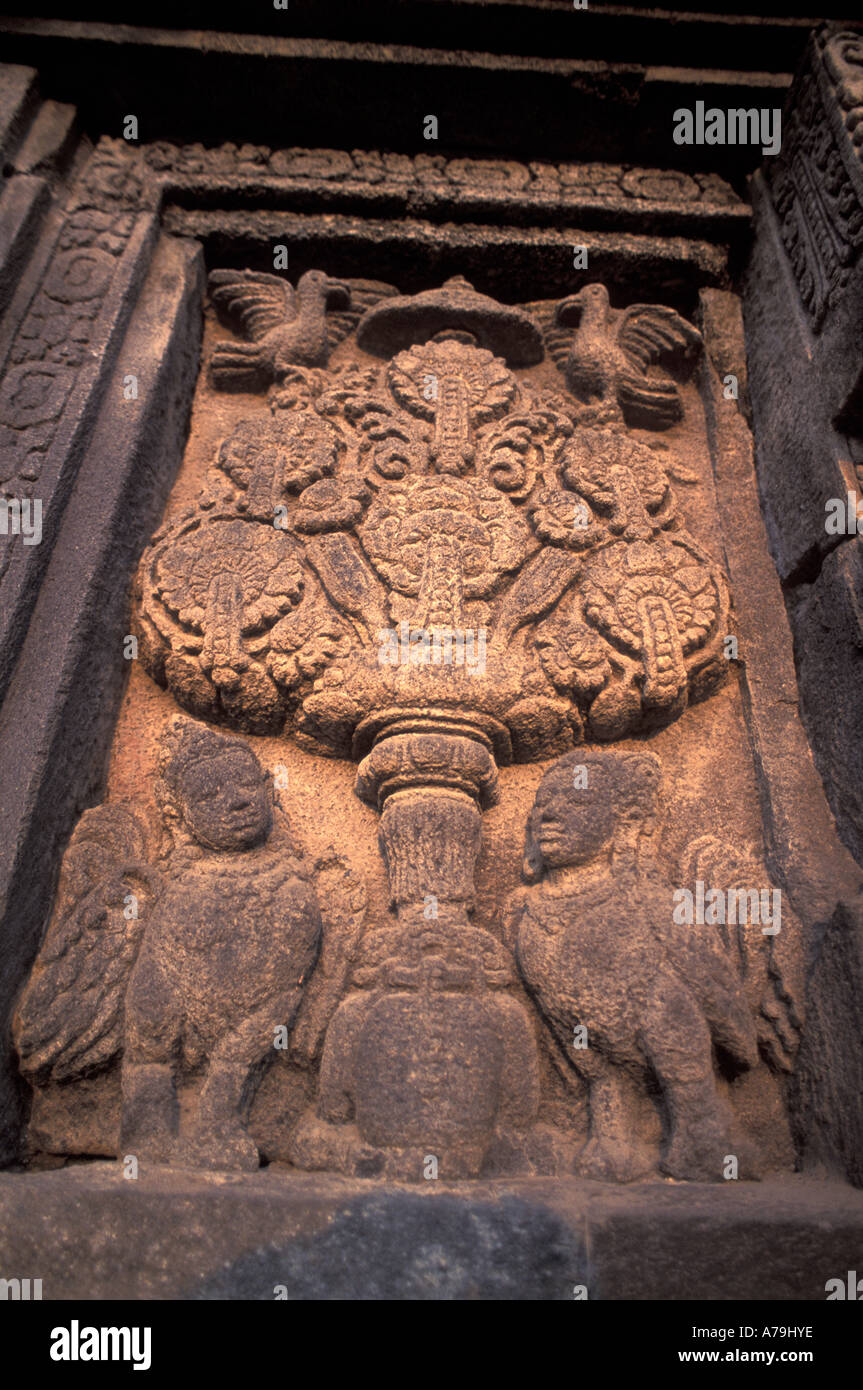 Detail of Tree of Life relief on restored 9th century Hindu temple at ...