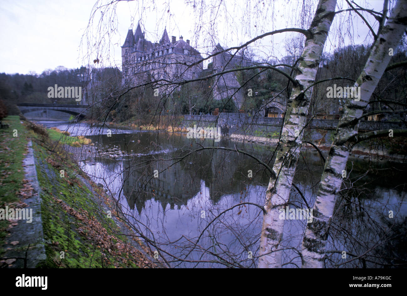 Wet winter view of the imposing castle at Durbuy the Ardennes Belgium ...
