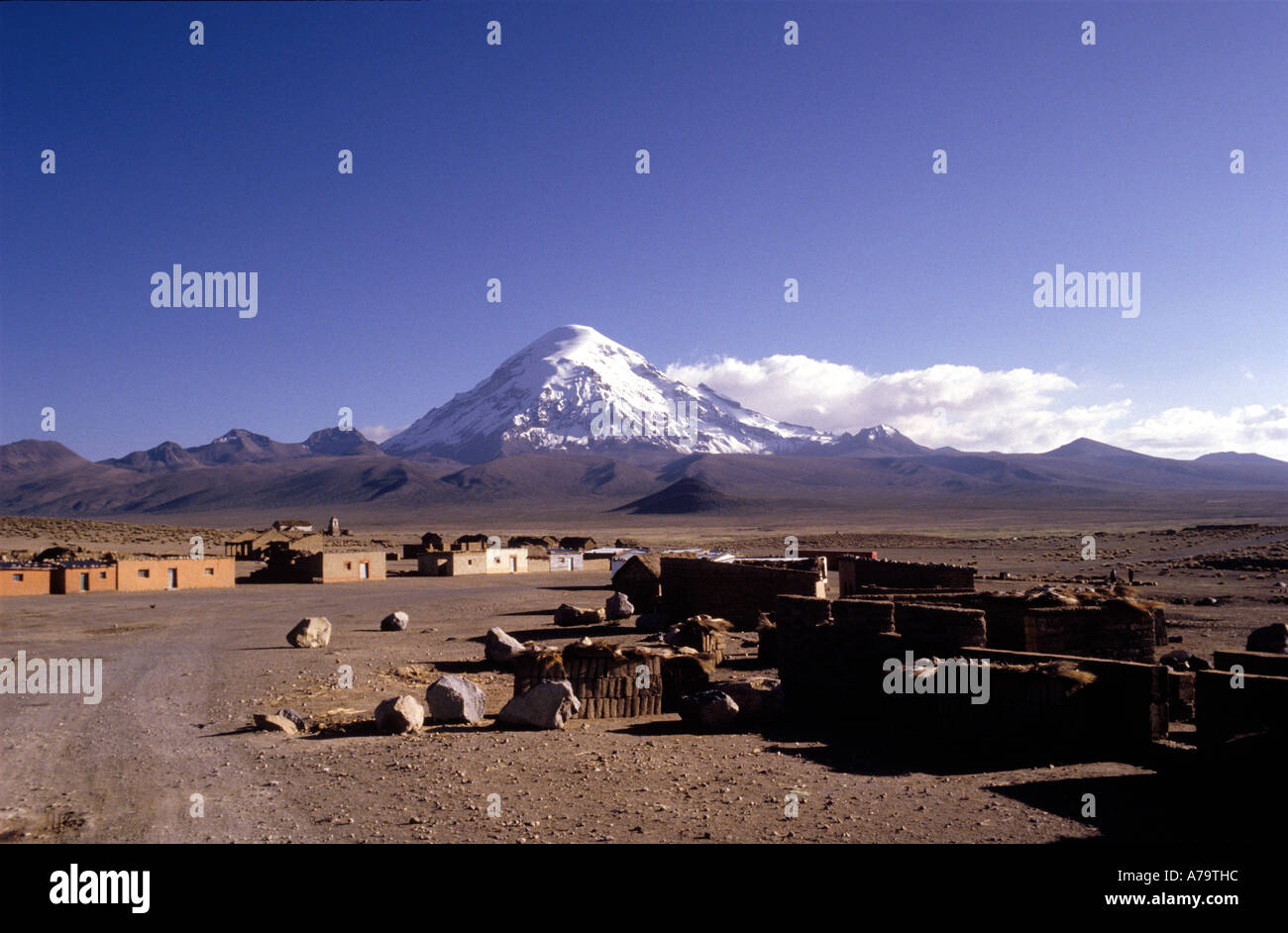 Deserted village on the Bolivian Altiplano with a snowcapped Volcano in ...