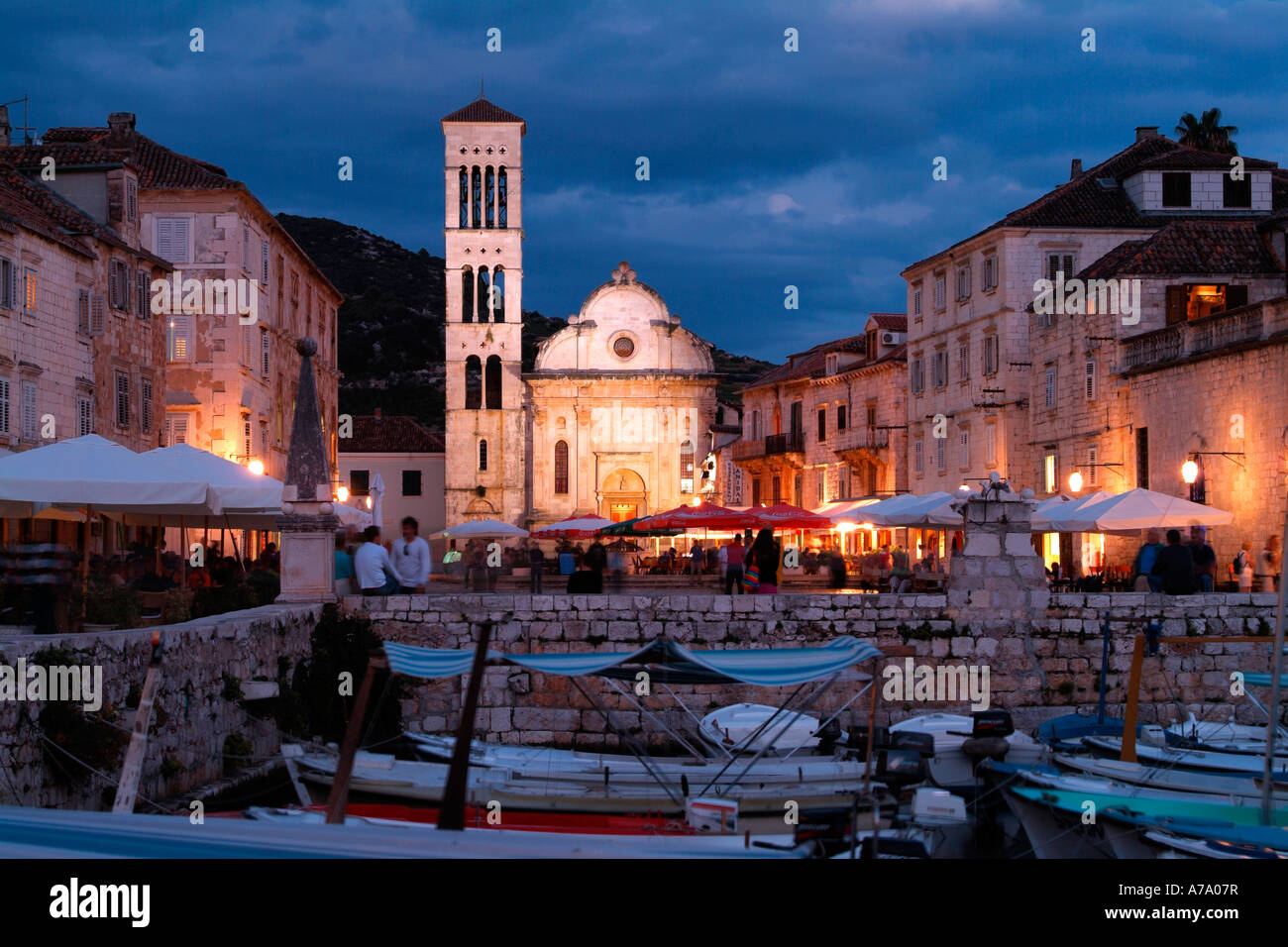 Cathedral of St Stephen on main square of Hvar town on Dalmatian Coast ...