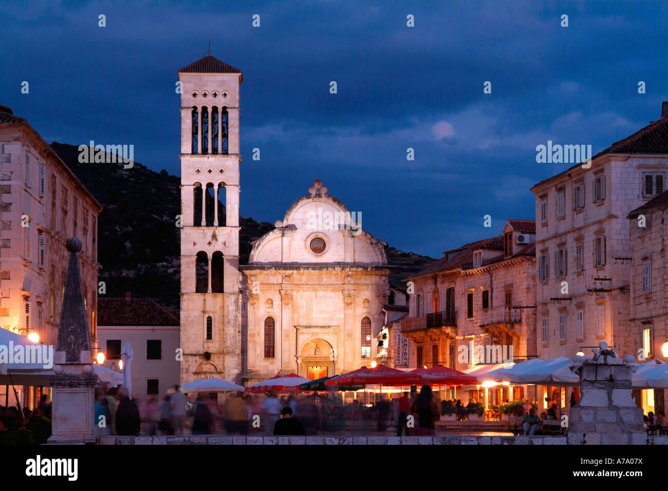 Cathedral of St Stephen on main square of Hvar town on Dalmatian Coast ...