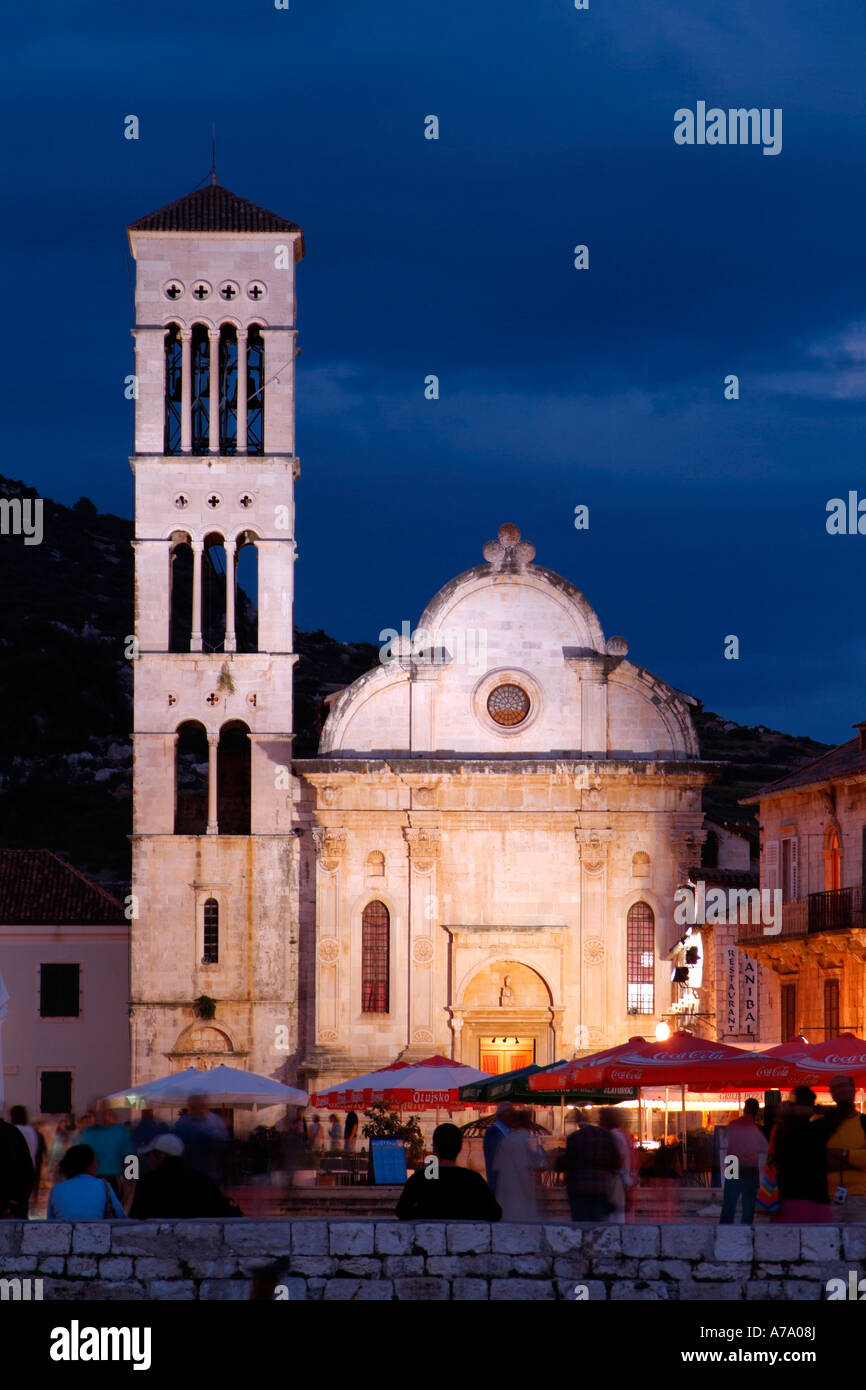 Cathedral of St Stephen on main square of Hvar town on Dalmatian Coast ...