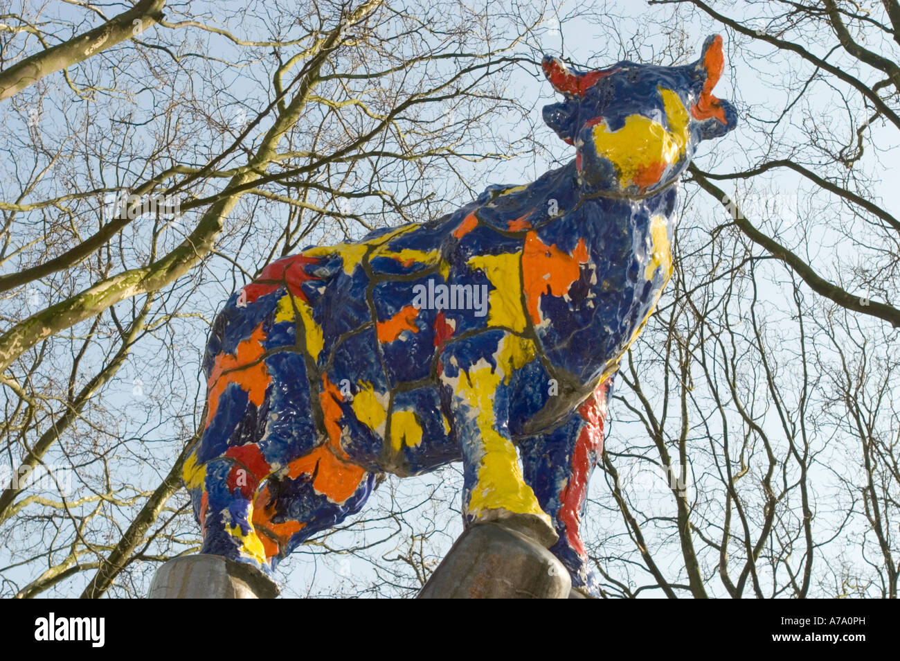 Giant colourful cow statue on Beesten Square in old town of Delft South ...