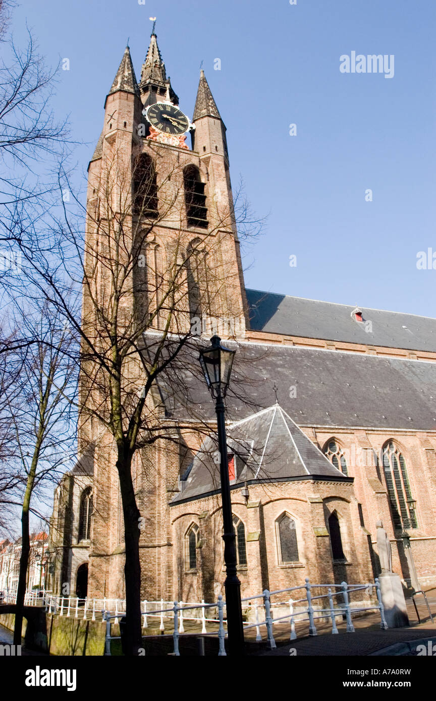 Oude Kerk or Old Church in Delft with blue sky background South Holland ...