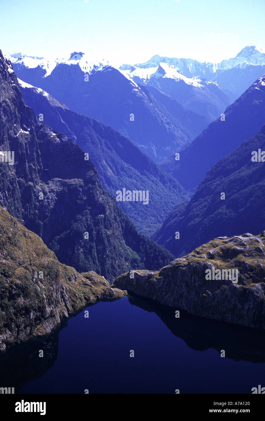 Lake Quill at top of Sutherland Falls looking down Arthur Valley ...